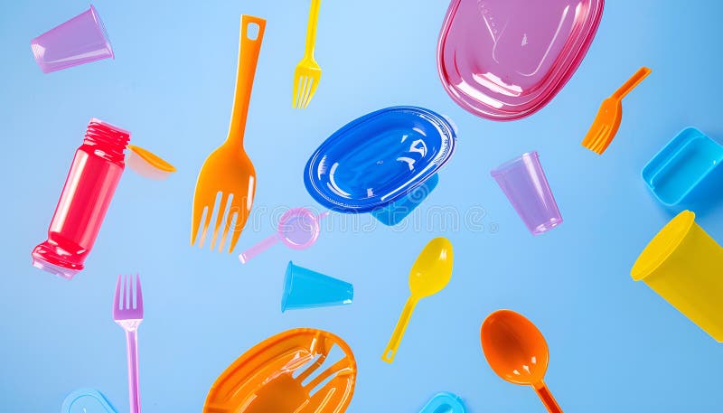 Flying Multi-colored Disposable Plastic Tableware. the Concept of ...