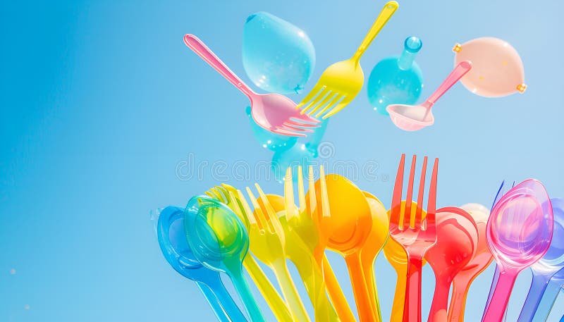Flying Multi-colored Disposable Plastic Tableware. the Concept of ...