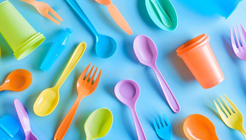 Flying Multi-colored Disposable Plastic Tableware. the Concept of ...