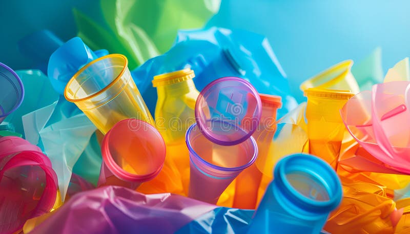 Flying Multi-colored Disposable Plastic Tableware. the Concept of ...