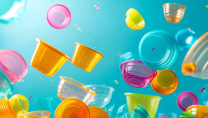 Flying Multi-colored Disposable Plastic Tableware. the Concept of ...