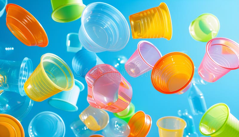 Flying Multi-colored Disposable Plastic Tableware. the Concept of ...