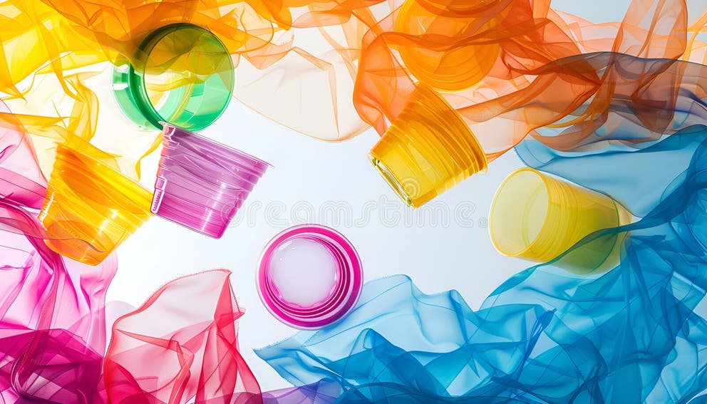 Flying Multi-colored Disposable Plastic Tableware. the Concept of ...