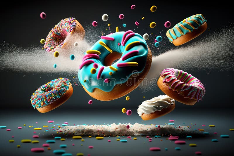 Flying Multicolour Donuts Dessert Sprinkled with Meises Sugar ...