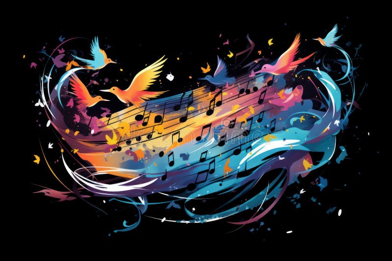 Flying Musical Notes and Birds on a Dark Background, Colorful Bright ...