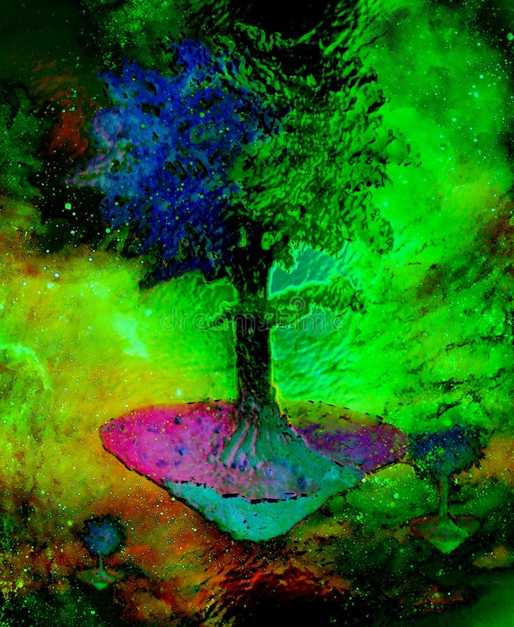 Flying Mystical Tree Motive, Original Painting with Graphic Effect ...