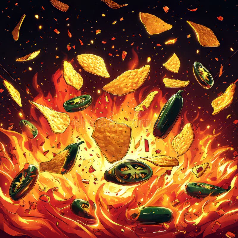 Flying Nachos with Jalapenos in Fiery Explosion. Stock Photo - Image of ...