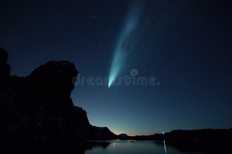 Flying Neowise Comet in the Night Sky Over the Lake. Generative AI ...