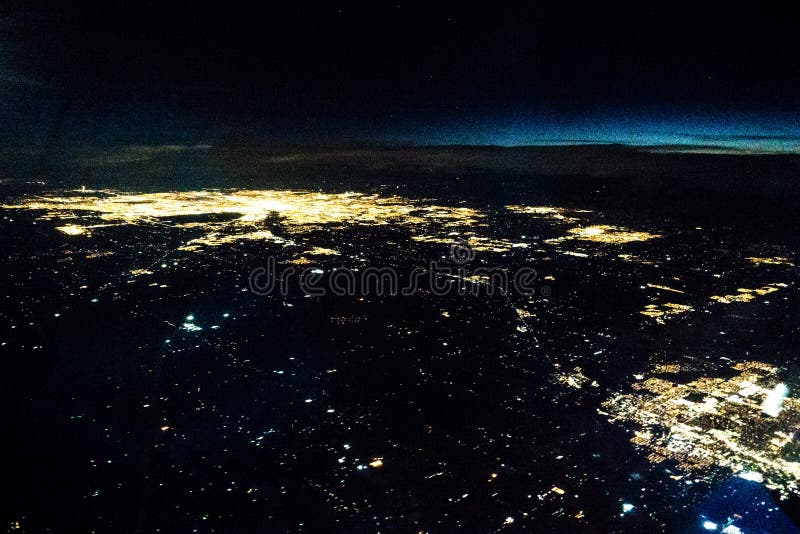 Flying at Night Over Cities Below Stock Image - Image of lighted ...