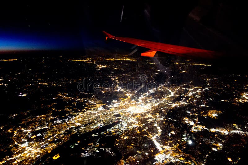 Flying at Night Over Cities Below Stock Photo - Image of mountain, high ...