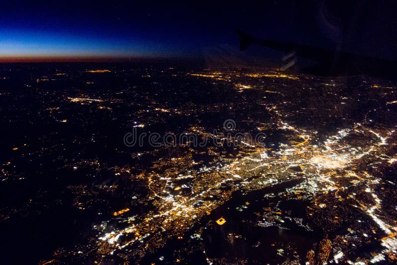 Flying at Night Over Cities Below Stock Image - Image of mountain ...