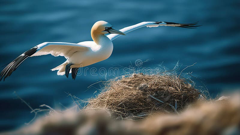 Flying Northern Gannet Morus Bassanus with Nesting Stock Illustration ...