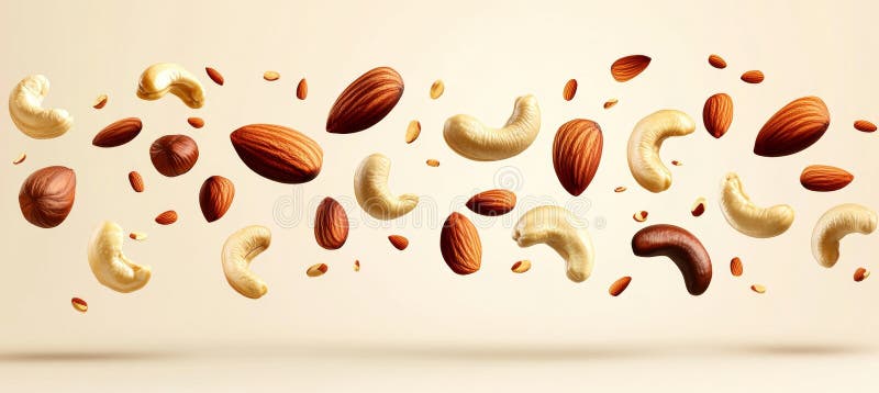 Flying Nuts Assortment Almonds, Cashews, and Walnuts Mix Isolated on a ...