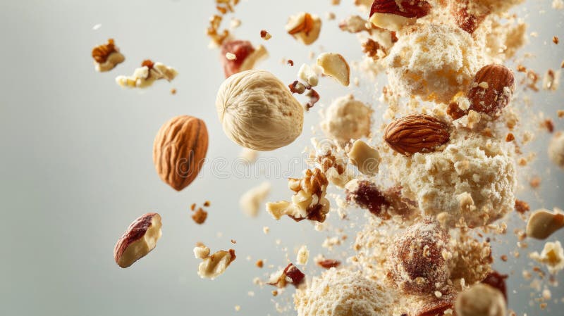Flying Nuts and Confectionery Pieces Against Grey Background Stock ...