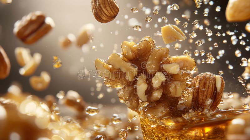 Flying Nuts and Oil Splash: Close Up of Walnuts, Almonds, and Pecans ...