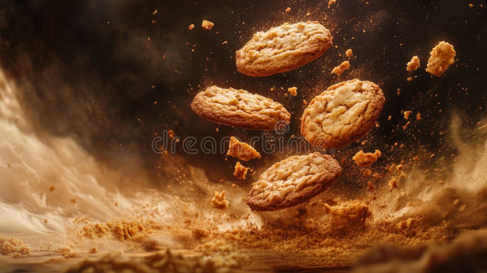 Flying Oatmeal Cookies in a Brown Dust Explosion Stock Illustration ...