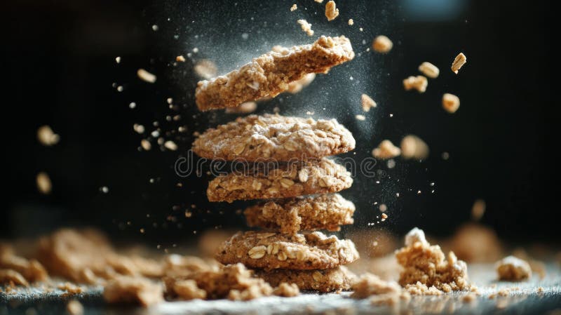 Flying Oatmeal Cookies Stack on Dark Background Stock Illustration ...
