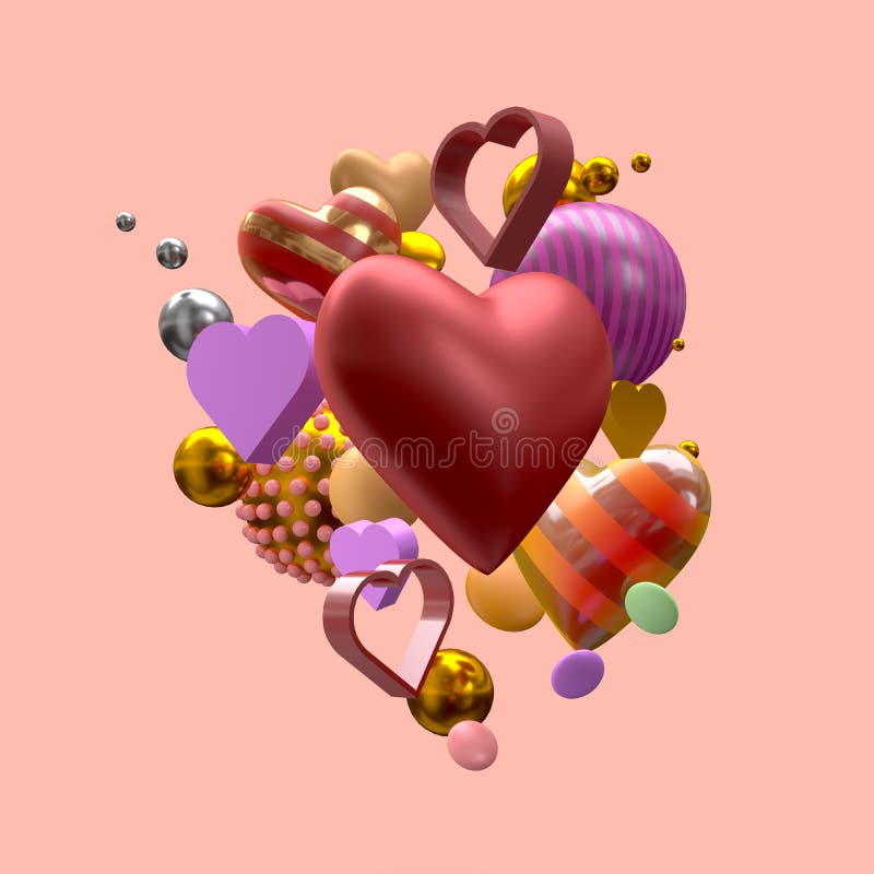 Flying Objects of Love Symbols for Valentine Day. -3D Rendering Stock ...