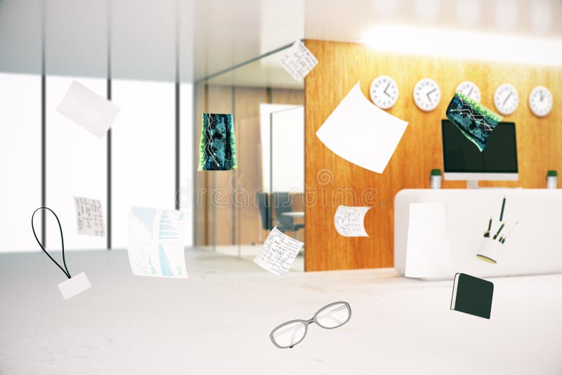 Flying objects in office stock illustration. Illustration of floor ...