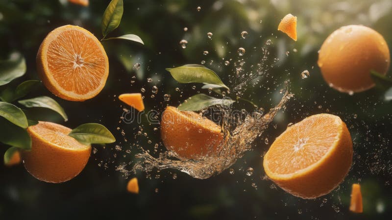 Flying Orange Slices and Water Splash Stock Illustration - Illustration ...