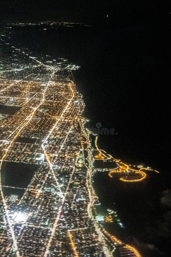 Flying Over Chicago Illinois at Night Stock Photo - Image of lights ...