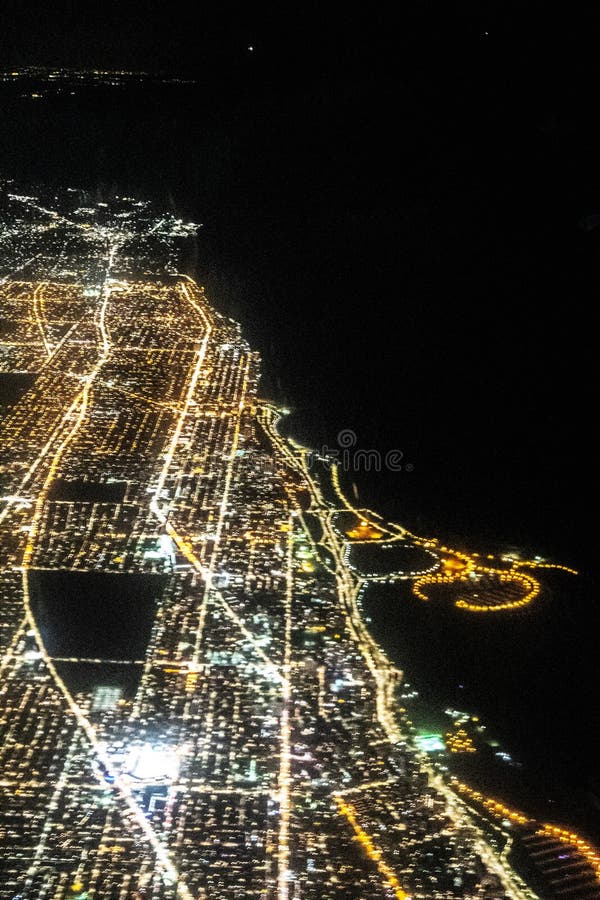 Flying Over Chicago Illinois at Night Stock Photo - Image of lakes ...
