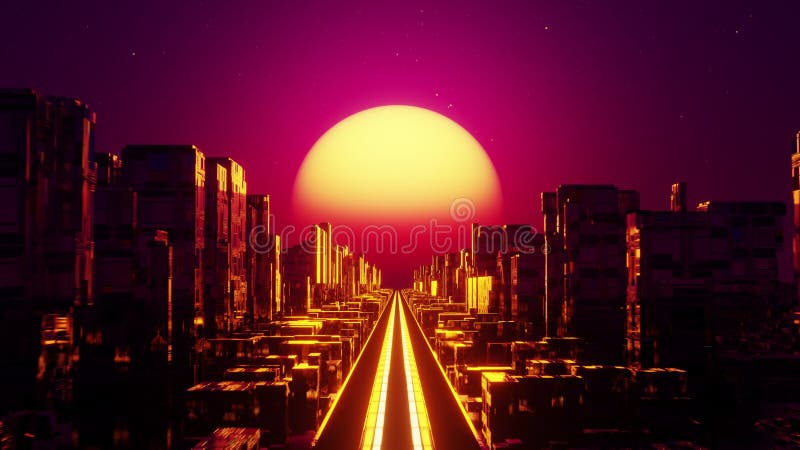 Flying Over the Neon City at Sunset. Infinitely Looped Animation Stock ...