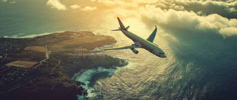 Flying Over Coastal Terrain in Front of a Mesmerizing Sunset ...