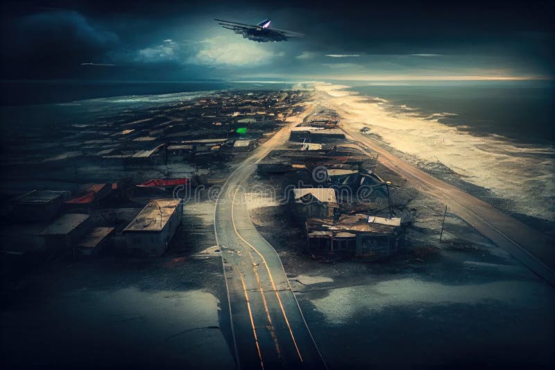 Flying Over Devastated City Aftermath Hurricane with Blurred Roads ...