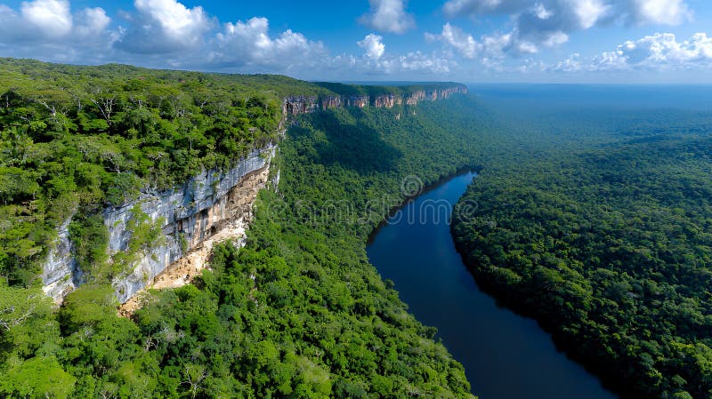 Flying Over River through Green Forest with High Rock Cliffside Stock ...