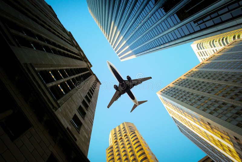 Flying over skyscrapers stock image. Image of plane, destinations ...