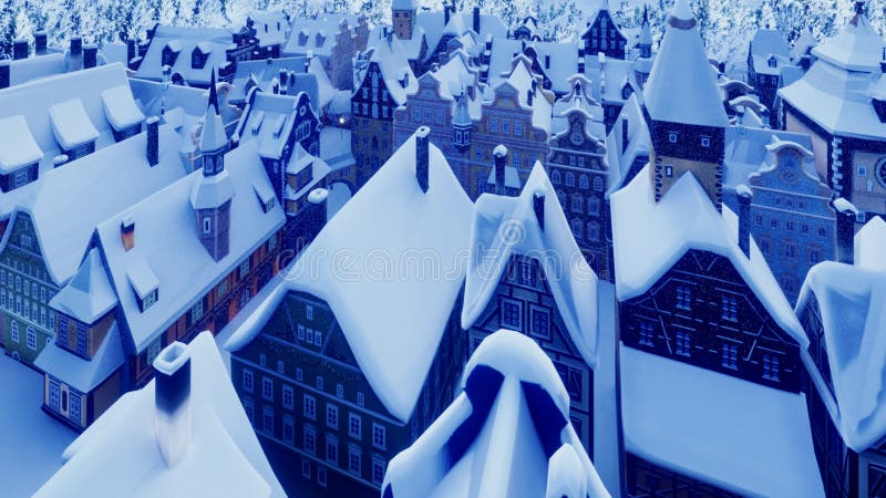 Flying Over a Small Ancient Snowy Night Town. the Concept of Winter. 3D ...