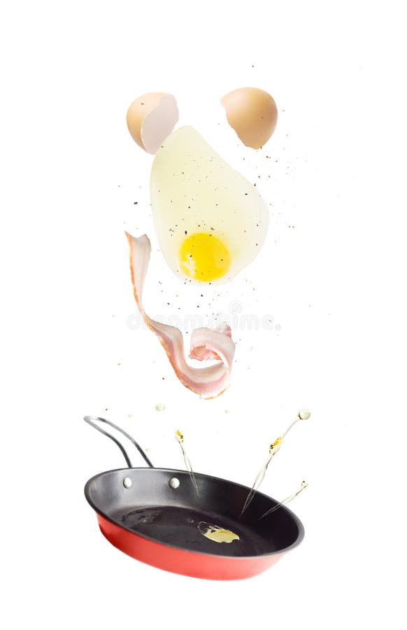 Flying Pan with Bacon, Egg and Ground Pepper. Levitate Breakfast Stock ...