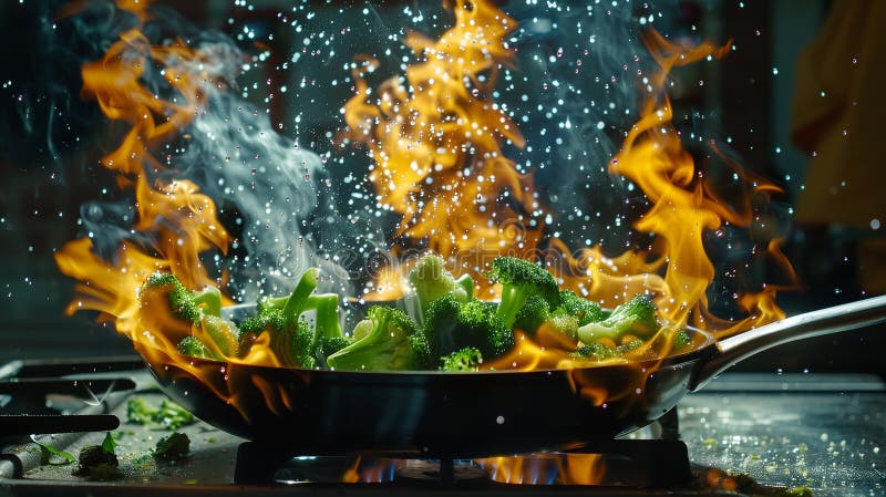 Flying Pan on Fire Background. Creative Chef Template Stock ...