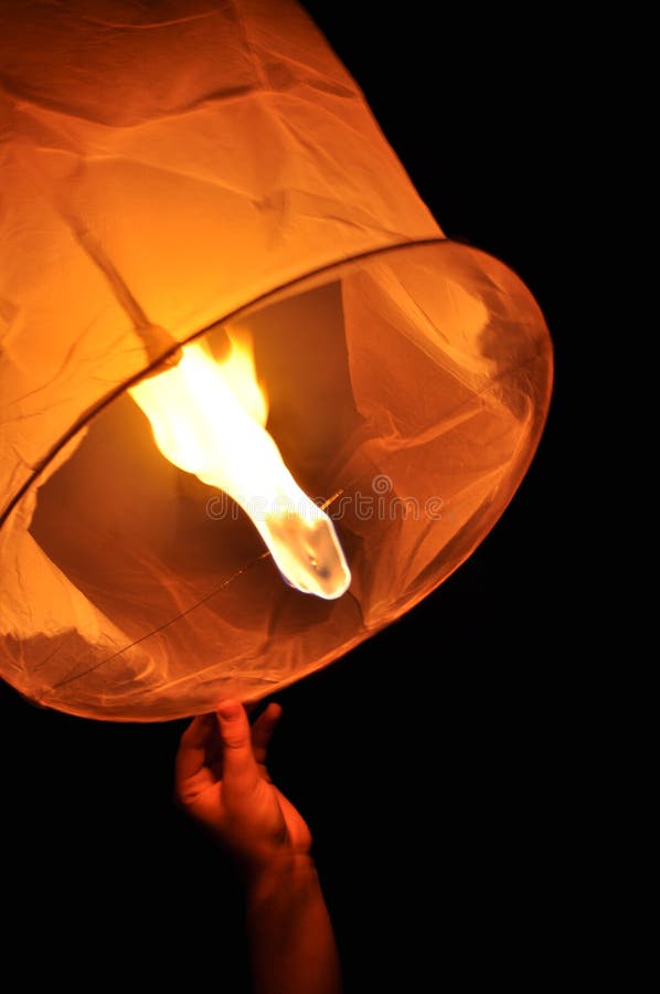 Flying Paper Lanterns at Night Beautiful Fire Stock Image - Image of ...