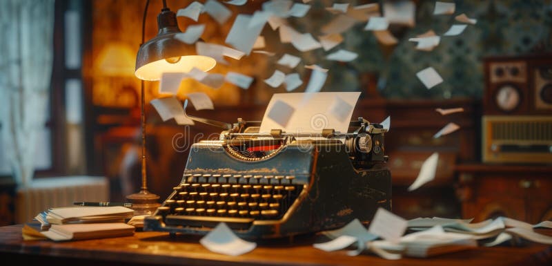 The Flying Papers and Typewriter. AI Generated Stock Image - Image of ...