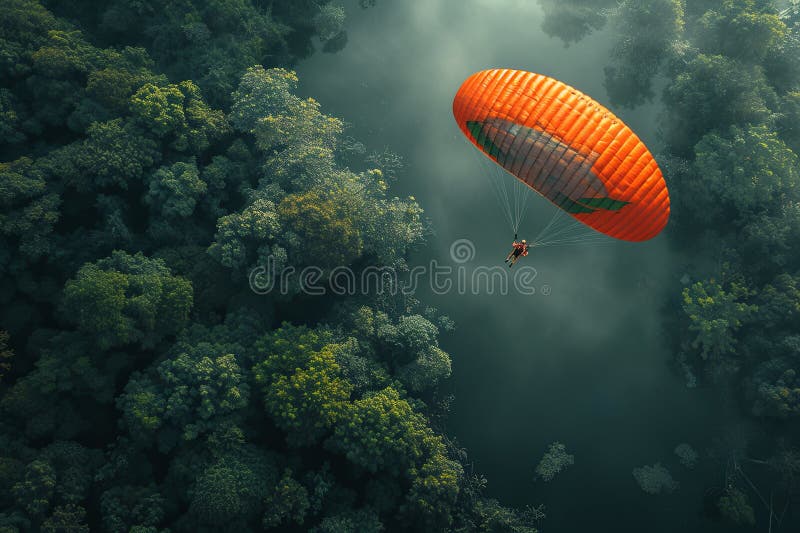 Flying a Parachute in a Forest. the Sky is Cloudy and the Trees are ...