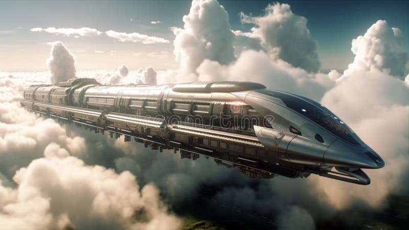 Flying Passenger Train. Futuristic Sci Fi City in Clouds. Concept of ... Flying Passenger Train. Futuristic Sci Fi City in Clouds. Concept of ...