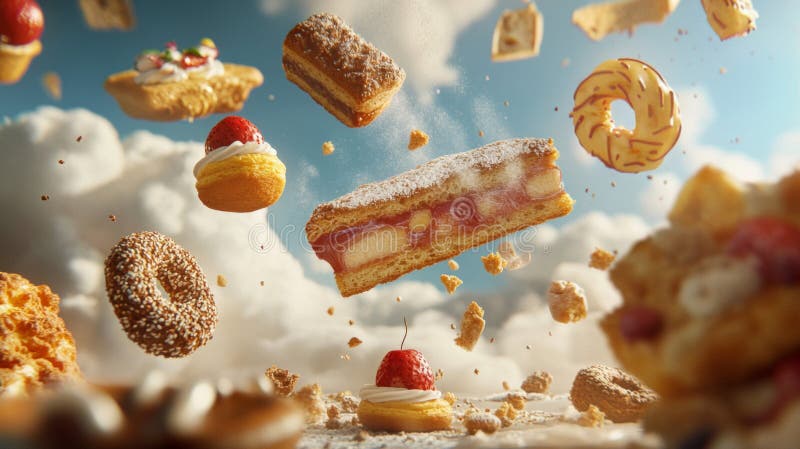 Flying Pastries and Cakes Against Blue Sky Stock Illustration ...