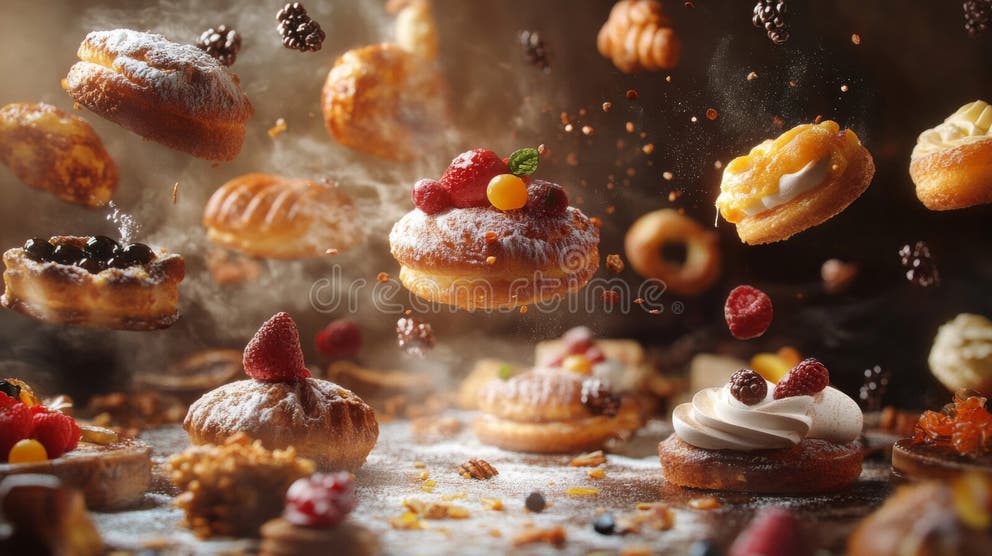 Flying Pastries and Cakes with Berries Stock Illustration ...