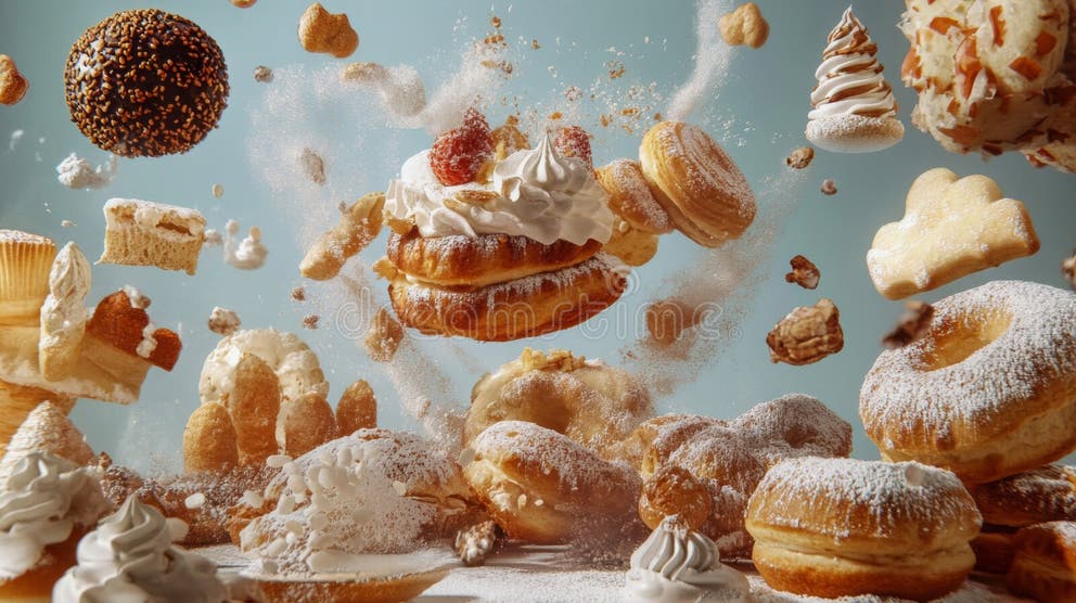 Flying Pastries and Cakes in a Blue Background Stock Illustration ...