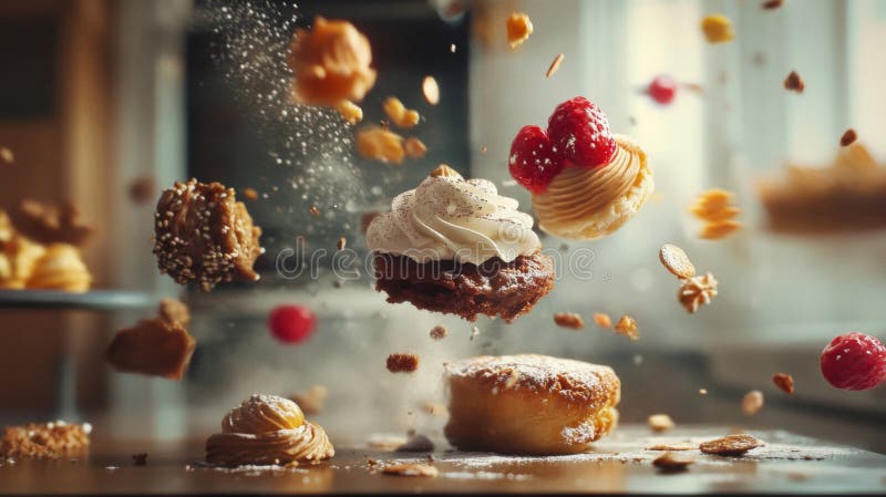 Flying Pastries and Cakes with Cream and Raspberries Stock Illustration ...