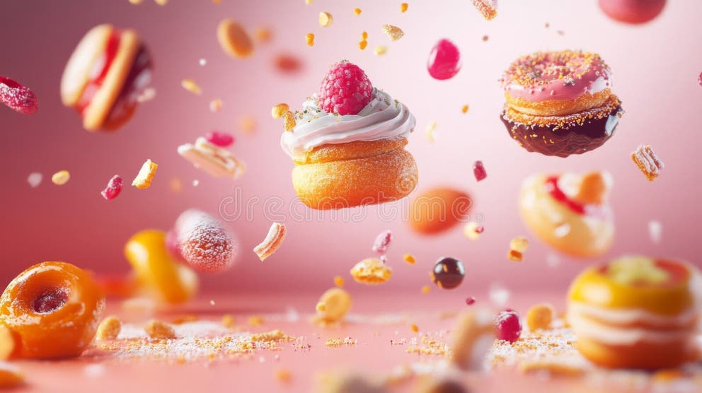 Flying Pastries and Cakes on Pink Background Stock Illustration ...