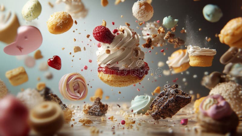 Flying Pastries and Cakes in Whipped Cream Explosion Stock Illustration ...