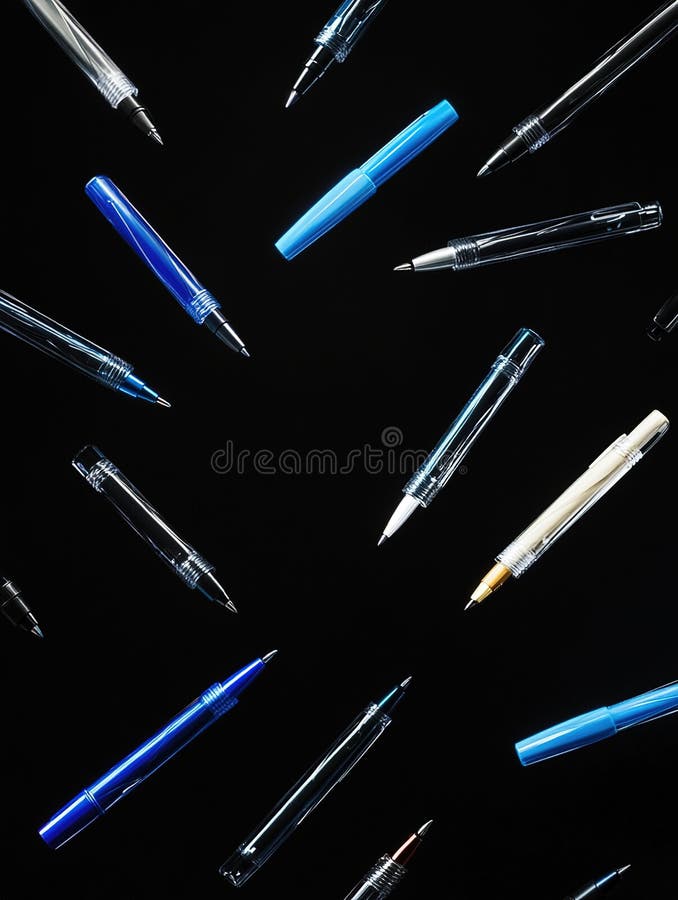 Flying Pens in Studio Shot on Black Background Stock Illustration ...