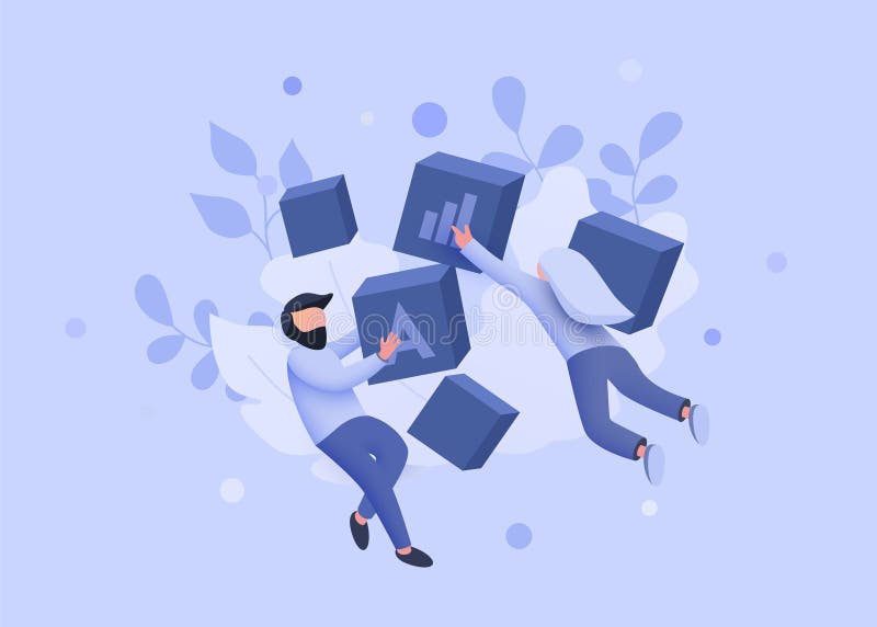 Flying People Sorting Data Cubes. Business Audit Concept Stock Vector ...