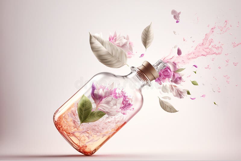 Flying Perfume Bottle with Flowers Flying Around on White Background ...