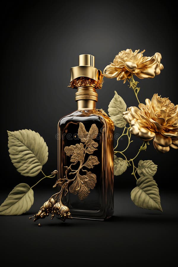 Flying Perfume Bottle with Leaves and Flowers Around on Black ...