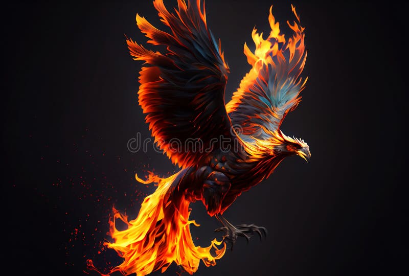 Flying Phoenix on Fire on Dark Background Stock Illustration ...