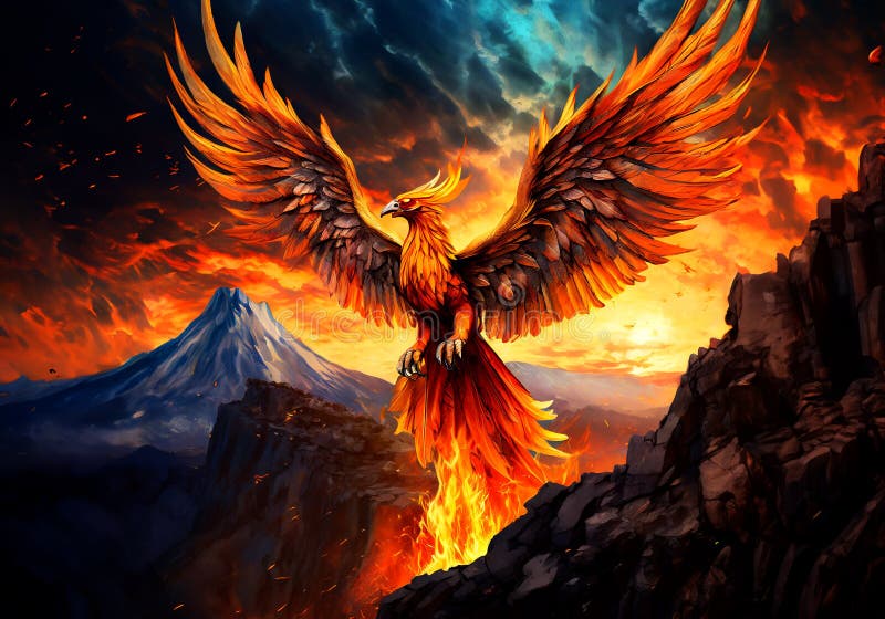 Flying Phoenix with Open Wings Surrounded with Fire and Rocky Mountain ...